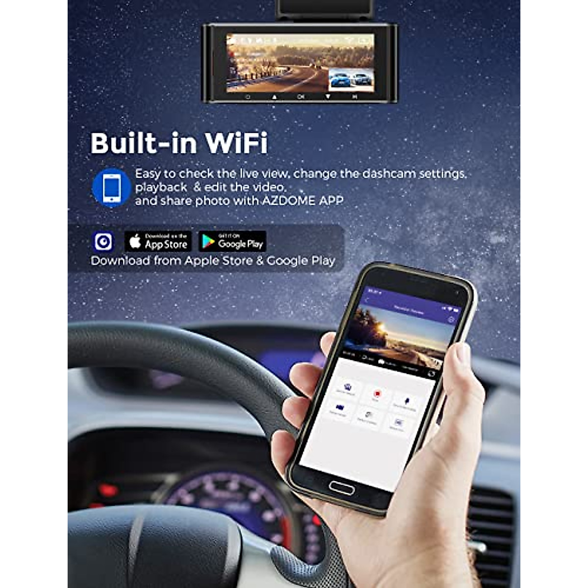 AZDOME 4K Dual Dash Cam Built-in WiFi GPS Front 4K/2.5K and Rear 1080P, with 64GB Card, Dual Dash Camera for Cars, 3.19" Display, Dashboard Camera Recorder Capacitor, Parking Mode, Support 256GB Max