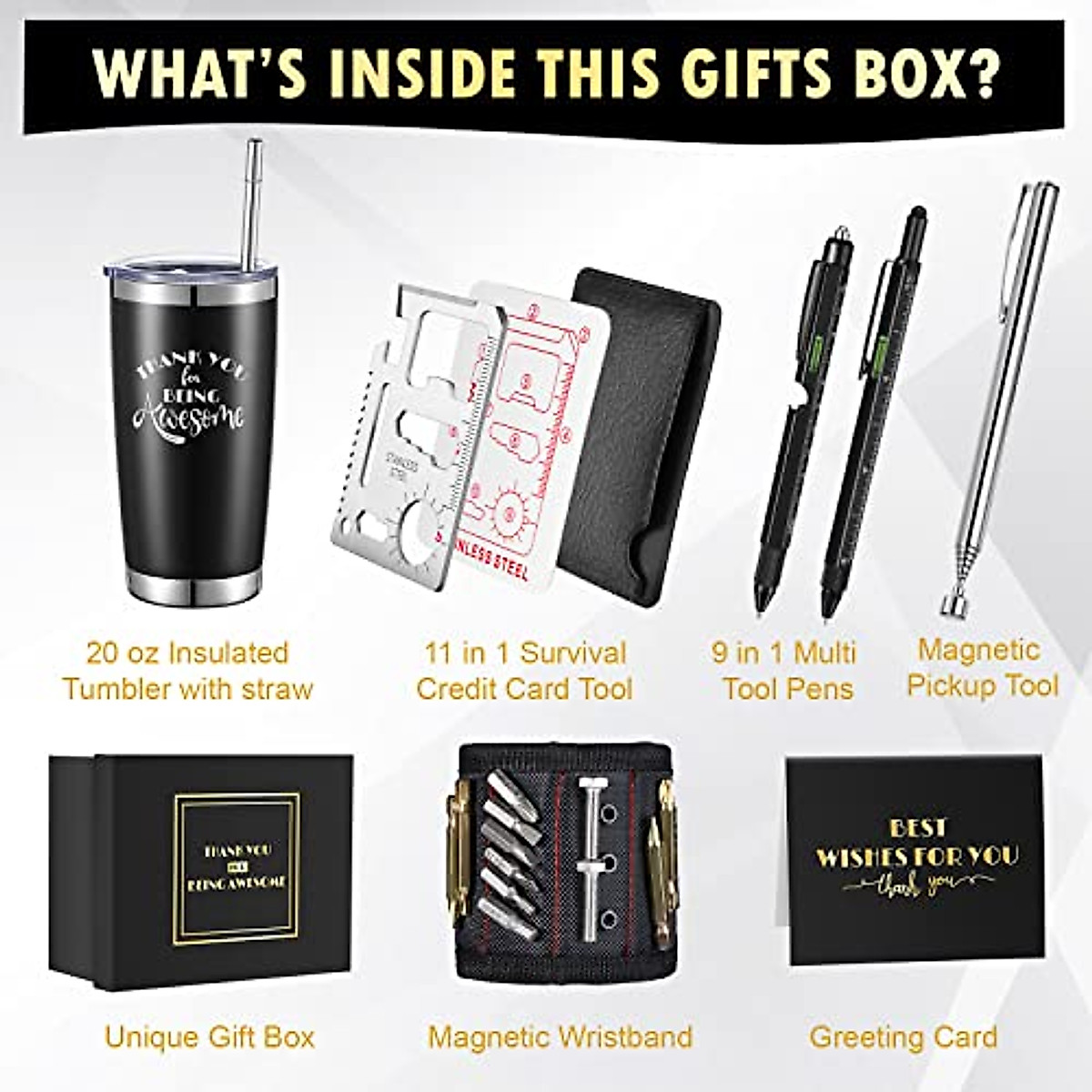 Yinkin 9 Pcs Father's Day Gifts for Dad Included 20 oz Tumbler with Straw 9 in 1 Multitool Pen 11 in 1 Survival Card Tool Magnetic Wristband Magnetic Grabber Gift Box for Men