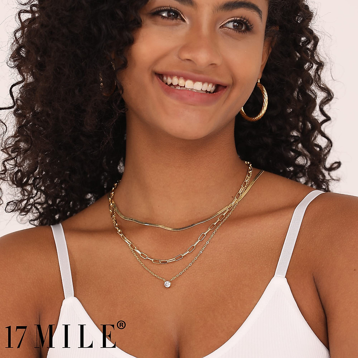 17 MILE Gold Layered Choker Necklace for Women, 14K Real Gold Plated CZ Pendant Necklace, Dainty Flat Snake Chain Layering Necklace