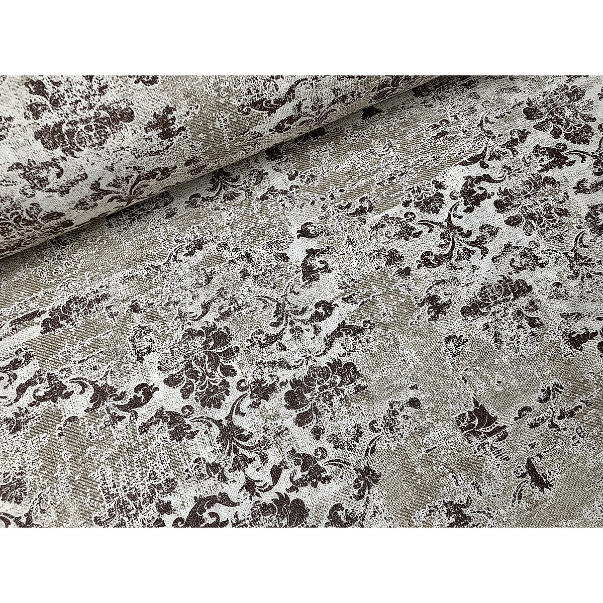 Antique Vintage Damask Print Fabric Baroque Material for Curtains Upholstery Dressmaking - 55'' Wide - Brown & Cream Canvas (Sold by The Yard)