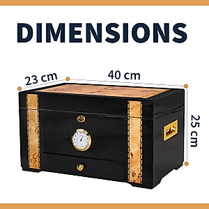 69Bourbons Exotic Cigar Humidor - Large Ebony Wood Storage Box with Spanish Cedar Wood Interior, Accessory Drawer, Exterior Hygrometer - Airtight Humidity, Removable Dividers - Cabinet for 150 Cigars