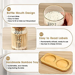 Funny Qtip Holder Dispenser 2 Pack Glass Apothecary Jars Bathroom Canisters with Tray, Cotton Ball Qtip Holder Bathroom Set with Bamboo Lids for Cotton Swab Farmhouse Bathroom Storage Organization