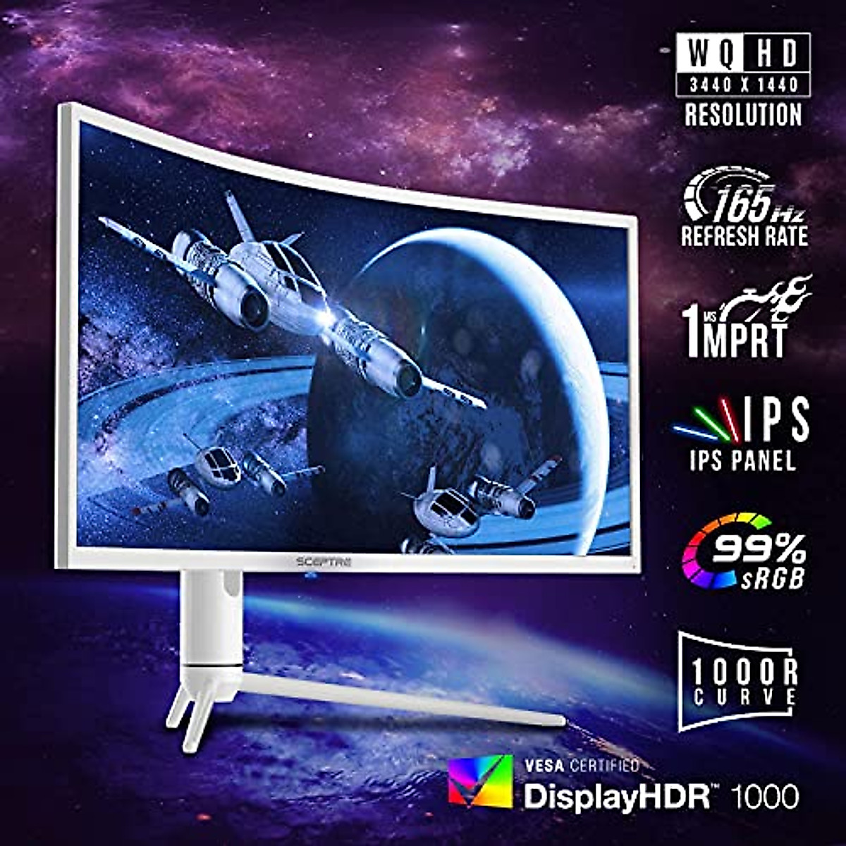 SCEPTRE Nebula White 34" UltraWide 1000R Curved Gaming Monitor 3440 x 1440 up to 165Hz 1ms 99% sRGB Ambient Light Sensor, HDR1000 Height Adjustable 2022 (C345B-QUN168W)