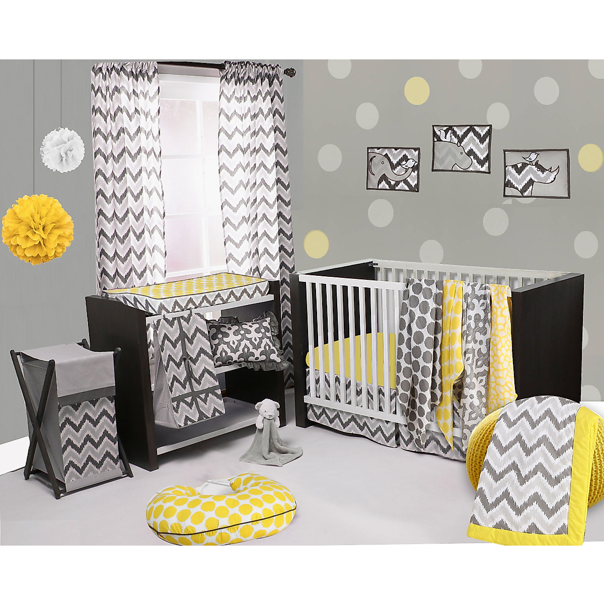 Bacati - Yellow/Grey Ikat Chevron Muslin 10 Pc Neutral Crib Set with 4 Muslin Swaddling Blankets for US Standard Crib