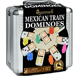 Queensell Mexican Train Dominoes Set with Wooden Hub, Domino Tile Board Games - Double 12 Dominos Set for Family Game Night for Adults and Kids Ages 8 and up (Double 12)