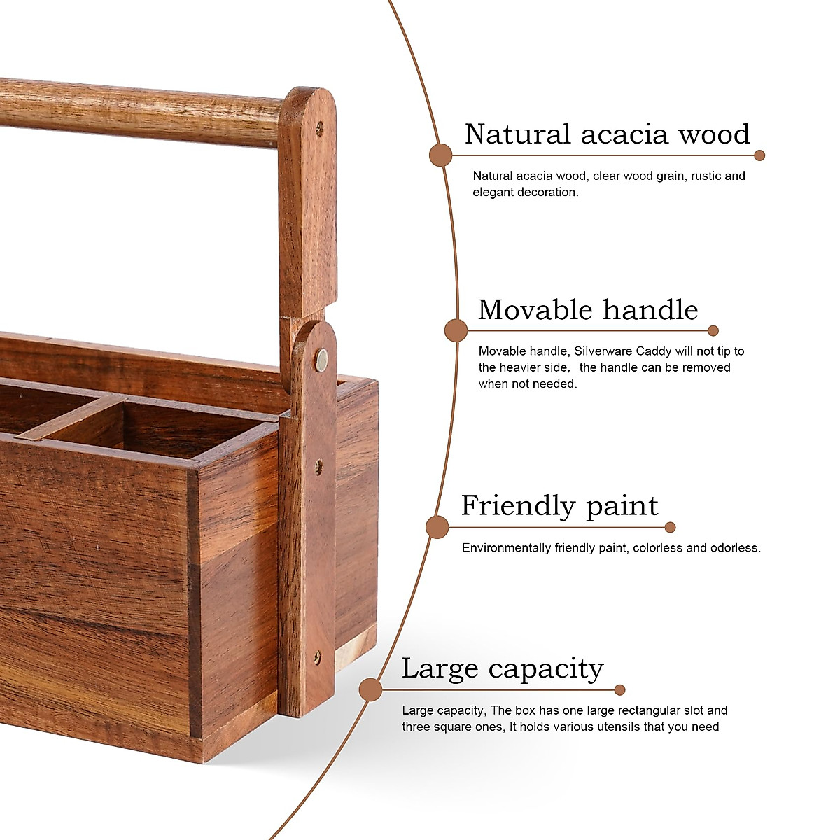 Mowsug Acacia Wood Silverware Caddy with Handle| Wooden Utensil Holder and Organizer with 4 Compartments| Cutlery Caddy Utensil holder for countertop| Ideal for Parties, Picnics, Outdoor Camping