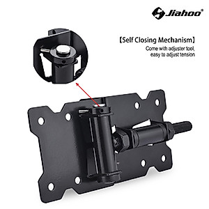 JIAHOO Self-Closing Gate Hinges Heavy Duty Door Hinges for Wooden/Vinyl/PVC Fences, 90 Degree Adjustable Gate Hinge Hardware Kit with Spring Adjuster Tool, Black(1 Pair-2 Hinges)