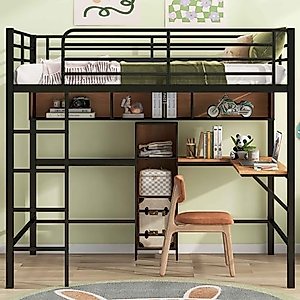 ATY Full Size Loft Bed with Wooden L-Shaped Desk and Small Storage Cabinet, Sturdy Metal Bedframe w/Shelves & Ladder, Save Space Design, for Kids Bedroom, Drom, No Spring Need Required, Black