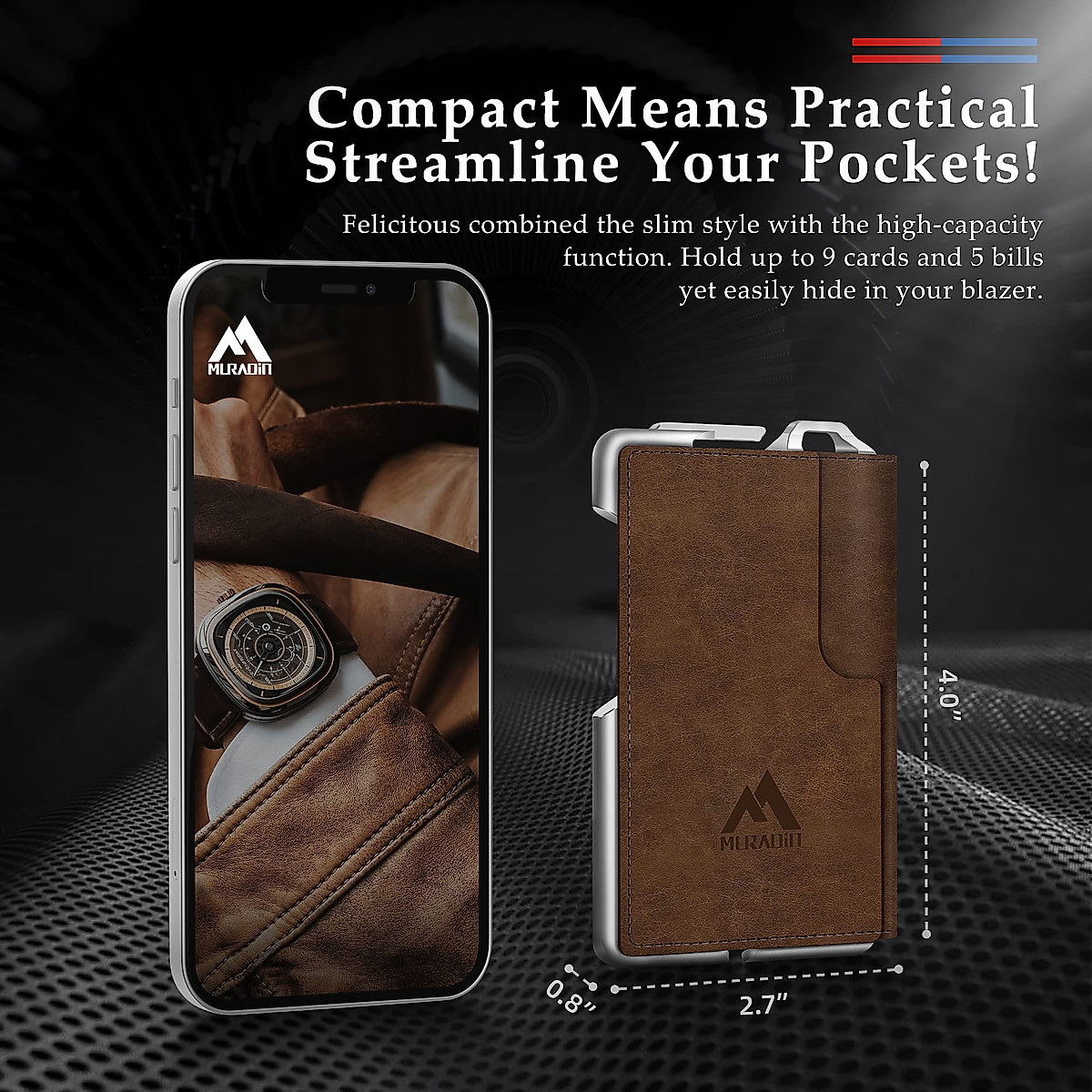 MURADIN Tactical Minimalist Wallet for Men, Slim RFID-Blocking Metal Card Holder, Front Pocket Men’s Leather Dapper Bifold Wallet with Money Clip Crazy Horse