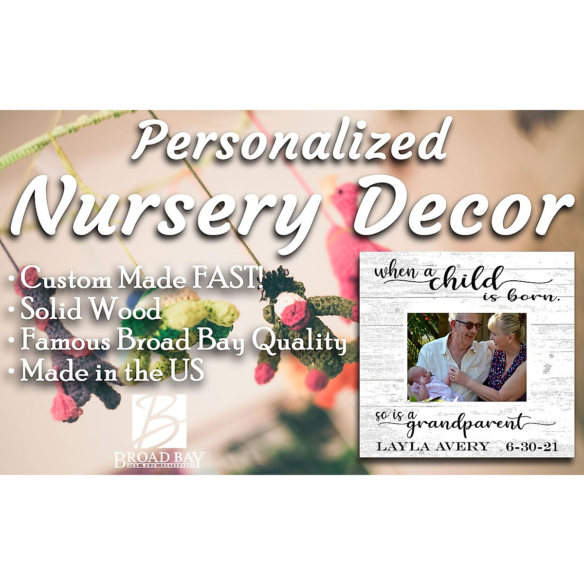 Grandparent Baby Photo Frame Alternative - Personalized When A Child Is Born So Is A Grandparent - Upload Picture or Photo - with Customized Name and Birthday - Solid Wood