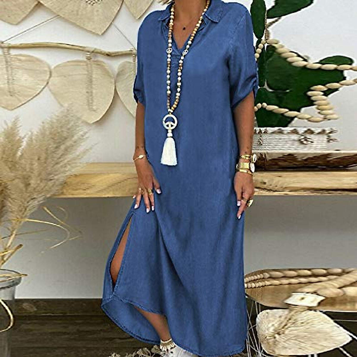 Spring Dresses, Dressy Dresses for Women Casual Dresses 2023 Dillards Women's Clothing Dresses Casual Solid Denim Dress V-Neck Roll Sleeve Button Loose Long Dress Women's Casual (L, Blue)