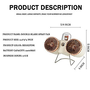 Mini Portable Fan, Dual Head with 3 Speeds Strong Wind, Personal USB Air Conditioner Humidifier Mini Cooling Fan 7 Colorful Nightlight for Home Travel,Office,and Camping, Outdoor(Beige)