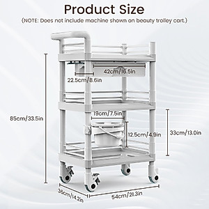 Meifuly Beauty Trolley Cart with Wheels, Vacuum Therapy Machine Trolley with Handrail, Bucket and Big Drawer, 3 Tier Heavy Duty Beauty Cart, Load 330lbs, 360° Rotate Silent Wheels
