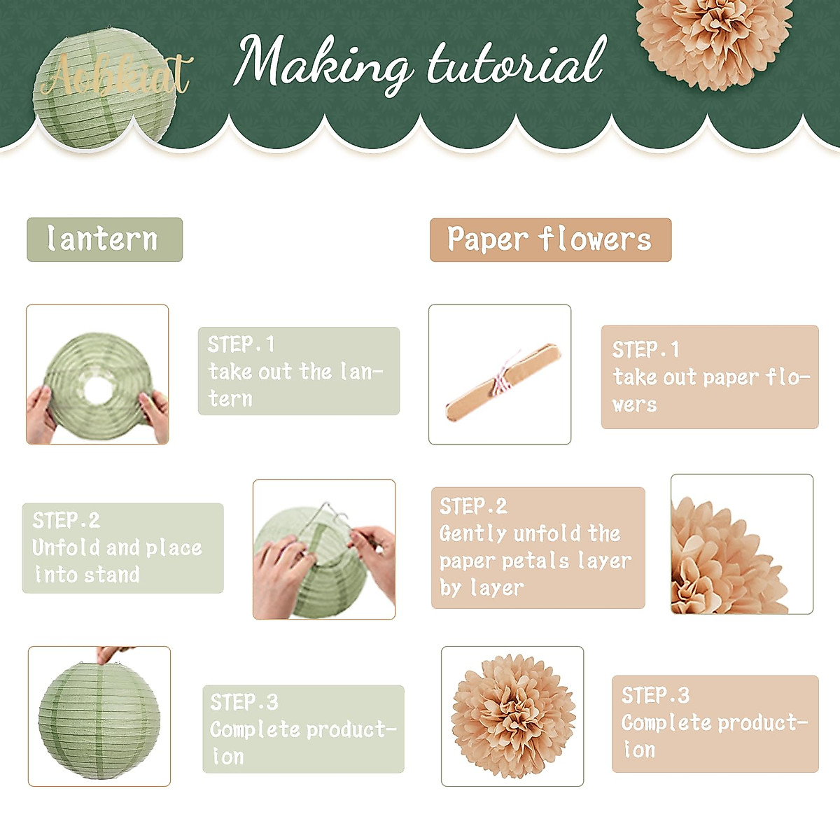 AOBKIAT Wedding Party Decorations Set,12PCS Olive Green Sage Paper Pom Poms Lanterns with Olive Leaf,for Engagement,Baby Shower,Bridal Shower,Boho Party