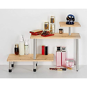 PETUPPY 3 Tier Corner Shelf-Bamboo & Metal Spice Rack with Hooks-Desk Bookshelf Display Shelves Space Saving Organizer,Freestanding Countertop Display Shelves for Bathroom & Office
