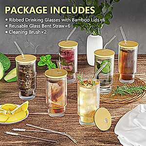 6Set Glass Cups, 16OZ Ribbed Drinking Glasses with Lids and Straws, Vintage Glassware for Whiskey Cocktail Beer, Iced Coffee Cups for Cute Gifts