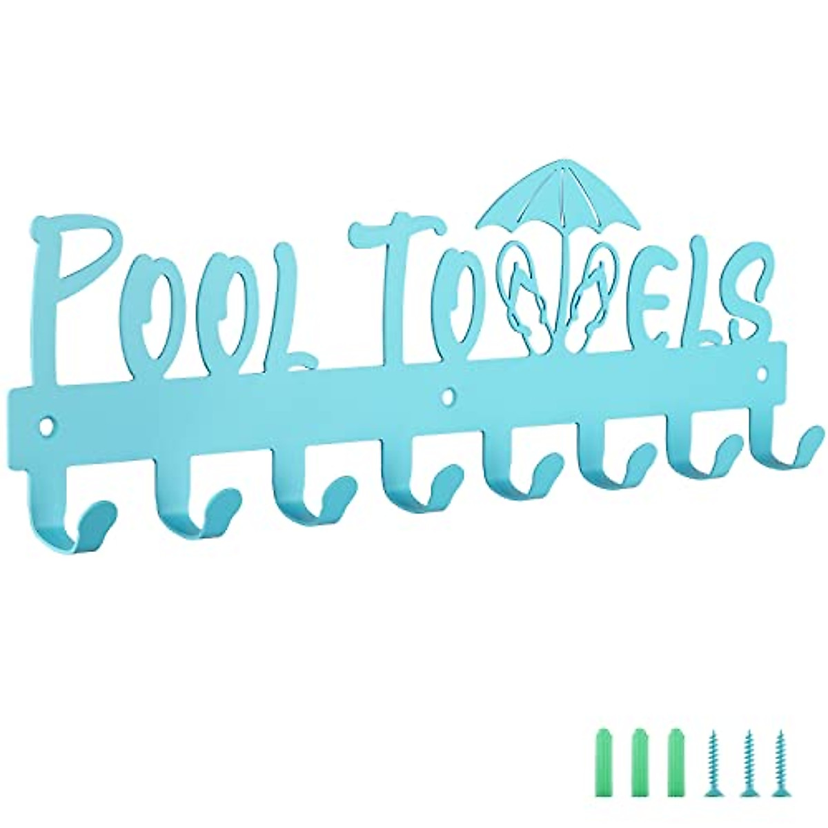 Pool Towel Rack with 8 Hooks, Towel Holder Wall Mounted for Outdoor or Bathroom, Towel Hanger for Hanging Bathrobes, Towels, Clothes - Perfect Pool Area Outside Sign and Decor (Blue)