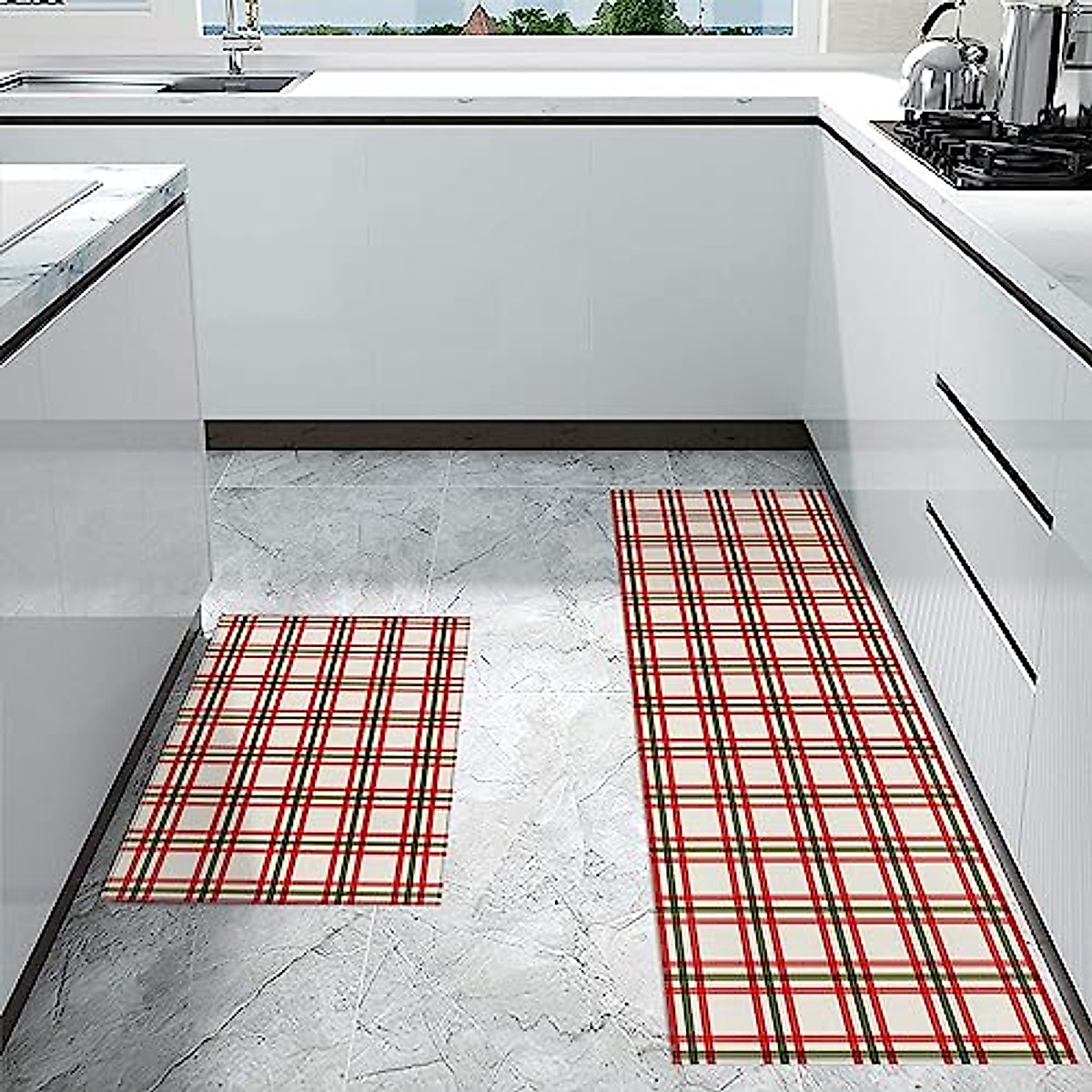 Miaklek Christmas Farmhouse Lattice Kitchen Mats for Floor Anti Fatigue Mats for Kitchen Floor Kitchen Rugs Cushioned Mats Non Slip Comfort Standing Kitchen Rugs Set of 2, Red and Green Plaid