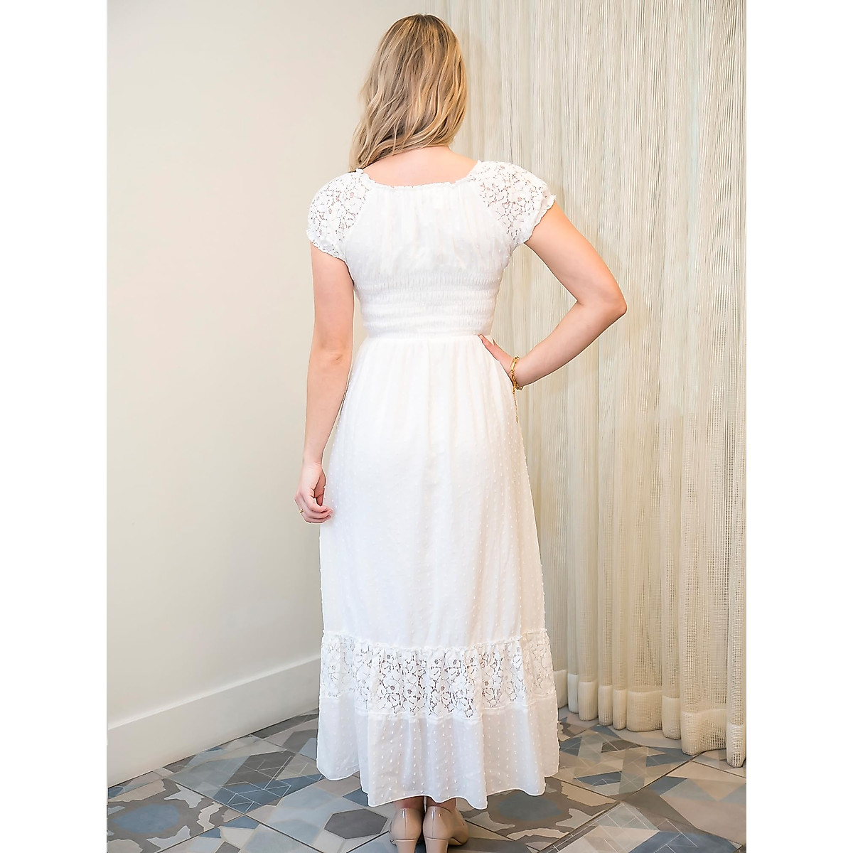 Anna-Kaci Renaissance Peasant Maiden Boho Inspired Cap Sleeve Lace Trim Maxi Dress, Cream, XX-Large