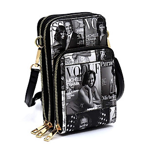 Amy & Joey Magazine Cover Collage Michelle Obama Printed Crossbody Bag Cellphone Purse Wallet (GRAY/BK)