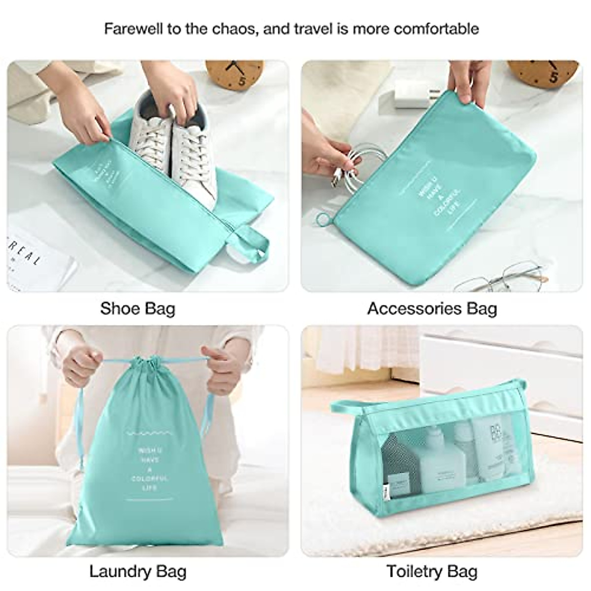 8 Set Packing Cubes for Suitcases,Packing Cubes with Shoe Bag, Cosmetics Bag, Clothing Bag, Accessories Bags Packing Cubes for Travel Luggage Organizer Women Men(Blue-Green)
