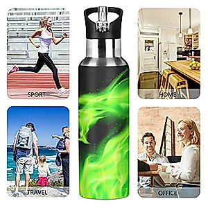 xigua Green Dragon Fire Insulated Water Bottle 22oz with Straw Lid Stainless Steel Vacuum Cup Leakproof Thermal Bottles for Sport Keep Cold/Warm