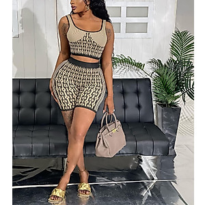 Annystore Women's Sexy 2 Piece Outfits Sleeveless Print Ribbed Tank Crop Top Jogger Biker Workout Shorts Tracksuit Set Brown XL