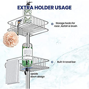 SEIRIONE Rustproof Shower Corner Caddy Organizer for Bathroom, Freestanding Tension Pole with 4 Baskets, for Bathtub Shampoo Storage, 56 to 114 Inch Height