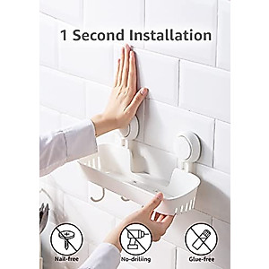 4OURVAN Spice Storage Rack Vacuum Shower Caddy with 4 Hooks Suction Cup Bathroom Kitchen Organizer Shelf Rack Shower Basket Wall Mounted Organizer for Shampoo | Spice | No-Drilling Removable Reusable