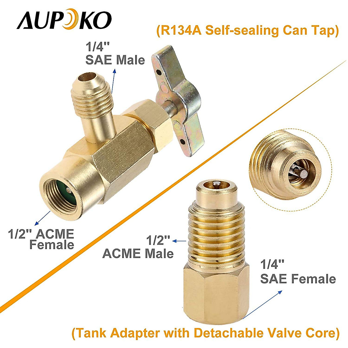 Aupoko R134A Self-Sealing Can Tap with R134A Tank Adapter, 1/2’’ Acme to 1/4’’ SAE Refrigerant Can Bottle Tap Opener with 1/4’’ SAE Female and 1/2’’ Acme Male Adapter
