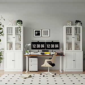TUSY 71" Bookshelf Bookcase, 3-Tier Modern Bookshelves 3 Large Drawer, Wood Filing Cabinet with Open Storage Shelf, Glass Doors 5-Tier Fixed Storage Shelves for Home Office
