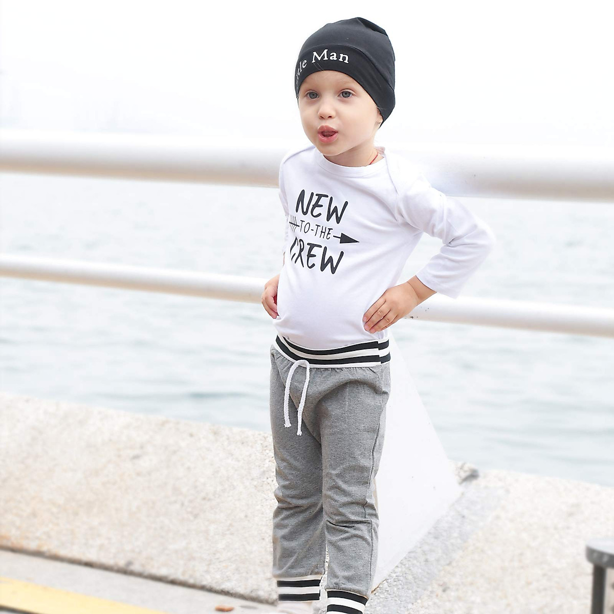 Renotemy Newborn Baby Boy Clothes Long Sleeve Romper Outfits Set New to The Crew Outfits Baby Boy Clothes 0-3 Months White