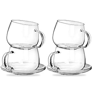 Tosnail 4 Pack 11oz Glass Cups and Saucers Set Glass Coffee Mugs Set, Coffee Cup with Handle, Drinking Glasses for Latte, Cappuccino, Mocha, Hot Chocolate, Tea, Juice and Hot or Iced Beverage