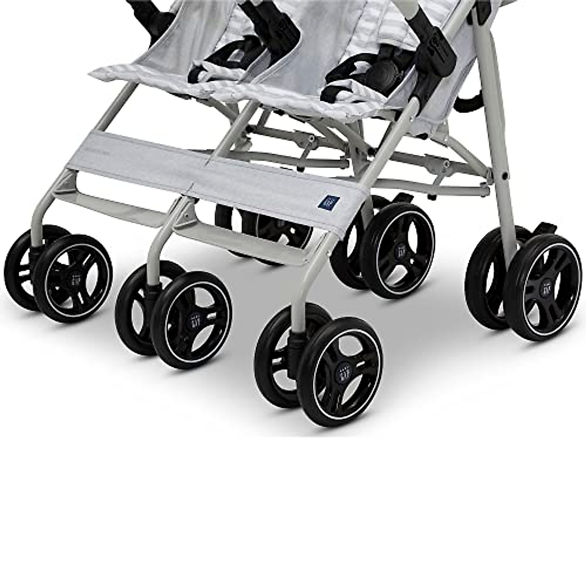 GAP babyGap Classic Side-by-Side Double Stroller - Lightweight Double Stroller with Recline, Extendable Sun Visors & Compact Fold - Made with Sustainable Materials, Grey Stripes