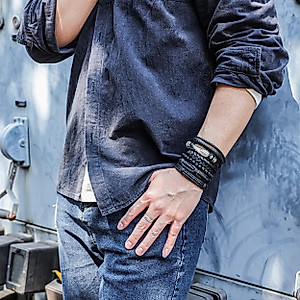 Mafnee Manfnee 6PCS Braided PU Leather Bracelet Punk Rock Cuff Wrap Bracelets for Men Women Adjustable Black