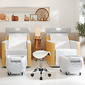 FNZIR Saddle Rolling Stool with Wheels PU Leather Height Adjustable Swivel Stools Chair White
