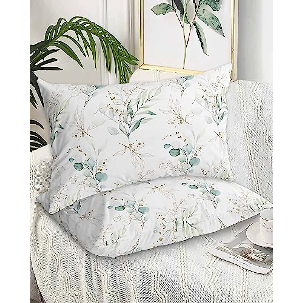 Edwiinsa Tropical Leaves Pillow Covers King Standard Set of 2 20x36 Bed Pillow, Summer Teal Leaf Spring Floral Rustic Plush Soft Comfort for Hair/Skin Cooling Pillowcases with Envelop Closure