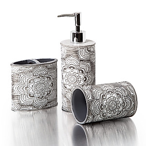 BINO Bathroom Accessories Set - Grey | Soap Dispenser | Toothbrush Holder | Tumbler | 3-Piece Bathroom Organizer Countertop Set | Bathroom Decor | Home Decor | Bathroom Set