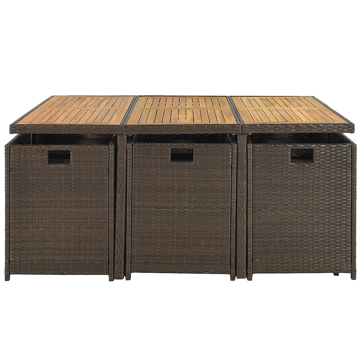 11-Piece All-Weather Outdoor PE Wicker Dining Table Set, Acacia Wood Table with Adjustable Feet and Foldable Dining Chair, Rattan Dining Furniture Set, Space-Saving