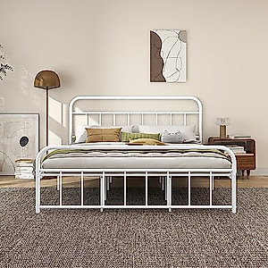 alazyhome California King Bed Frame Metal Platform with Vintage Headboard and Footboard Easy Assembly No Box Spring Needed Steel Slat Support White