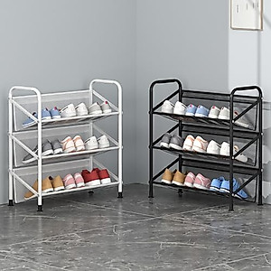 FKUO 3 Tier Shoe rack for closet Mesh fabric narrow Metal shoe racks, Small Shoe Storage Organizer Shelf for Entryway, Hallway, Dorm Room (White, Wider 3 Tier)