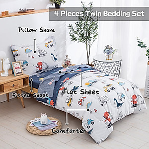 DJY Cotton Twin Bedding Set, Dinosaur Cars Reversible Twin Comforter Set for Kids Boys Girls, 4 Pieces Bed in a Bag Includes Quilted Comforter, Flat Sheet, Fitted Sheet and Pillowcase