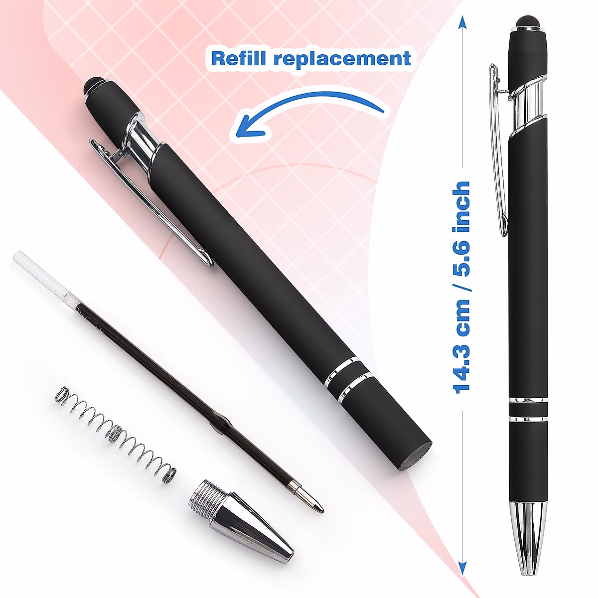 Bribobo 8 Pack Black Ballpoint Pen 2-in-1 Stylus Retractable Ballpoint Pen with Stylus tip, Metal Stylus Pen for Touch Screens, 1.0 mm Black Ink
