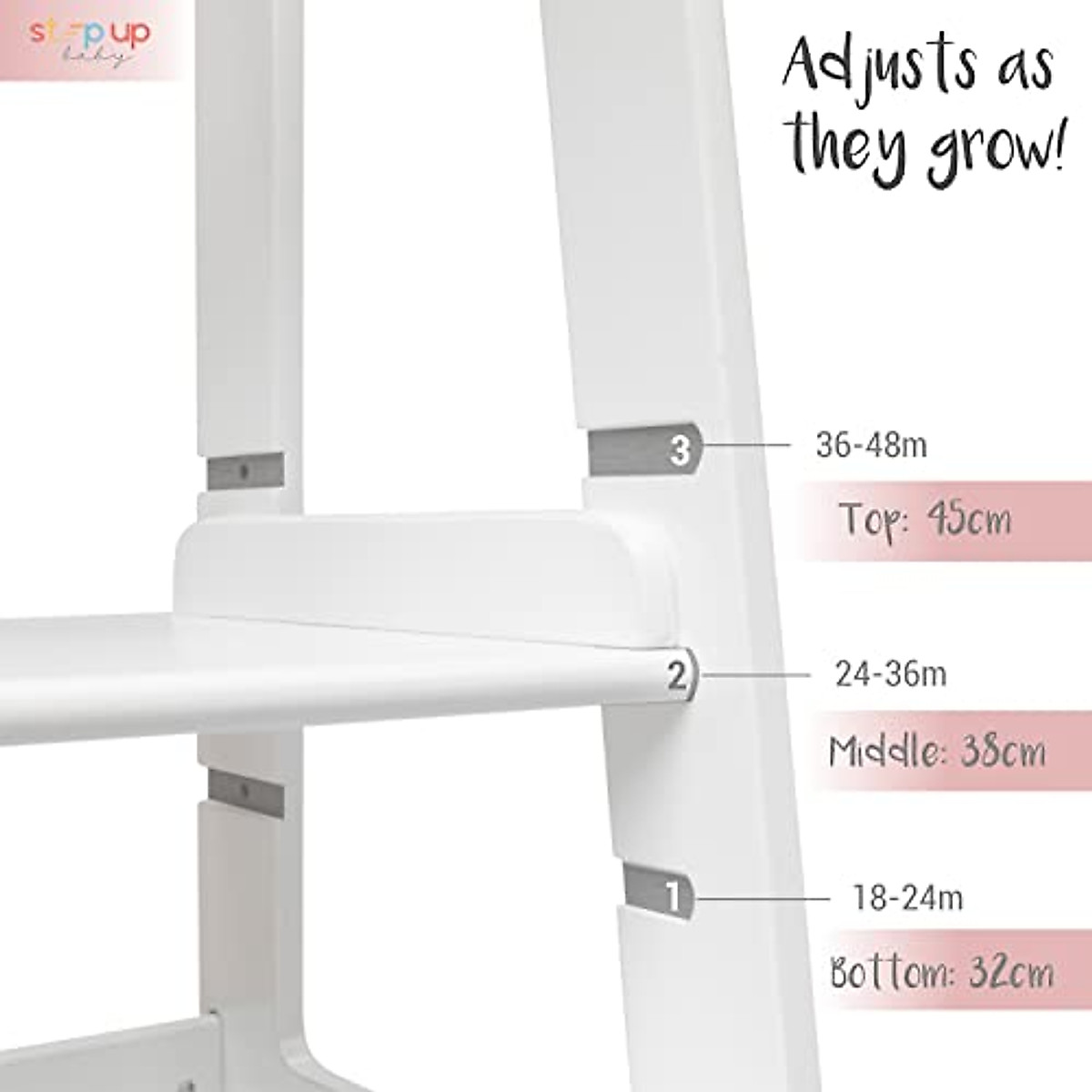 Stepup Baby Toddler Tower Step High Chair | Montessori Inspired | Kitchen Wooden Step Stool for Preschool Kids | Adjustable for 18 Month - 5 Years | Includes Safety Rail (White)