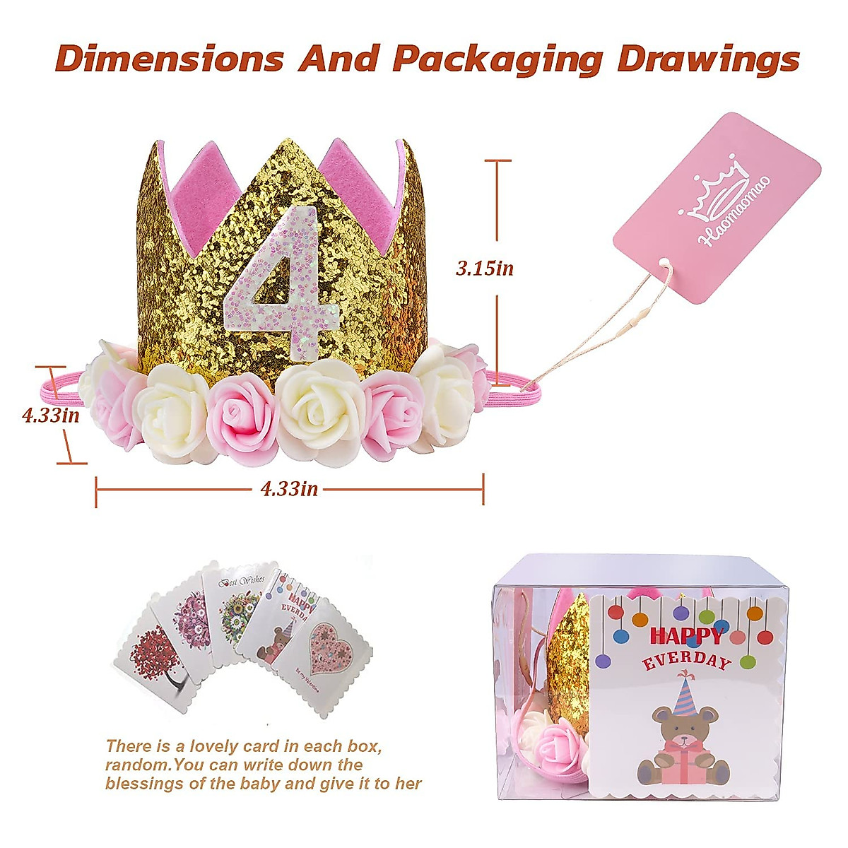 Baby Birthday Crown, Birthday Party Hat for 4 Years Girls Boys Unisex Tiara Photo Props Decorations Birthday Gifts