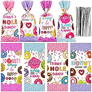 Jetec 100 Pcs Donut Candy Bags Donut Grow up Party Supplies Donut Cellophane Bags Gift Treat Bag Goodie Bags with Ties Two Sweet Donut Theme Birthday Party Decorations