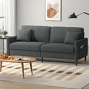COPIAE 73" Loveseat Couches for Living Room, High Resilience Deep Seat Sofa, Wooden Frame 2 Seat Sofa Couch with Side Pockets& Linen Fabric Cover, Modern Comfy Couch with Track-Arm for Bedroom, Grey