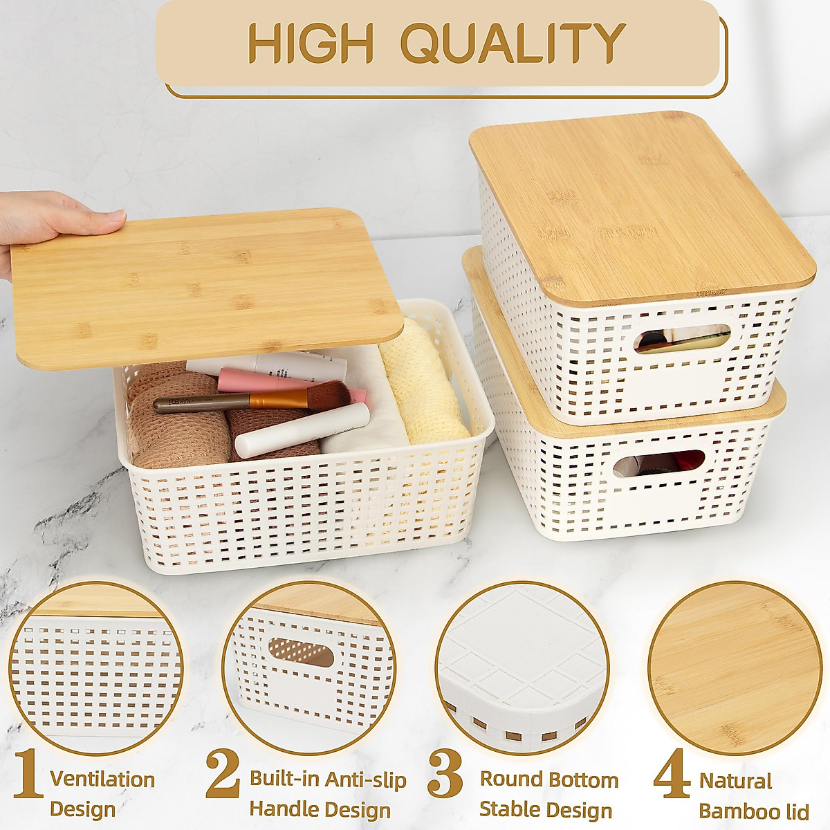 MOSANEE Small Plastic Storage Bins with Bamboo Lids 6 Packs,Decorative Storage Containers,Stackable Baskets for Organizing with Cute Label for Shelves Cabinets Pantry Playroom Office Home,Cream White
