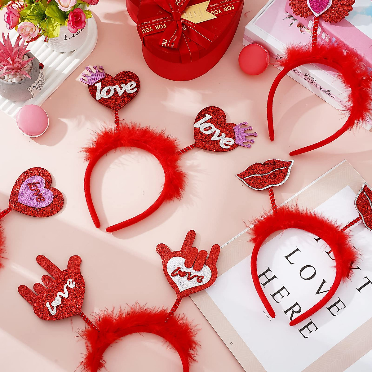 Whaline 6Pcs Valentine's Day Headbands Glitter Red Love Heart Lip Boppers Feather Costume Hair Hoop Holiday Hair Accessories for Valentine's Day Wedding Birthday Party Favor Gift Photo Booth
