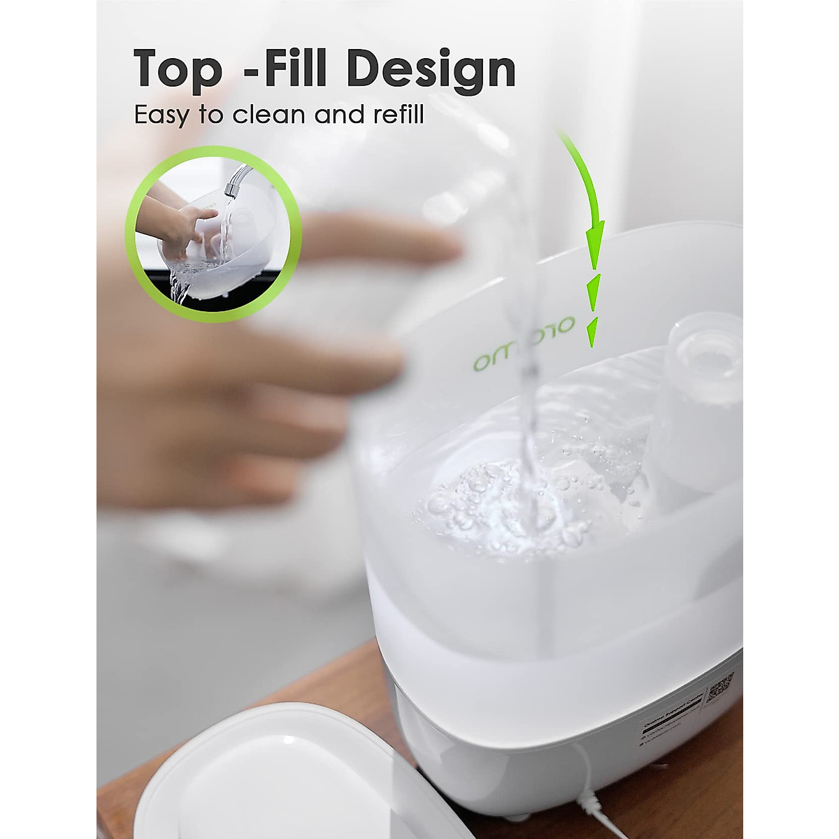 Oraimo Humidifiers for Bedroom, Top Fill Cool Mist Humidifier, 26dB Quiet, Easy to Clean, 2.5L Ultrasonic Humidifier & Essential Oil Diffuser with Night Light, BPA-Free (light white)